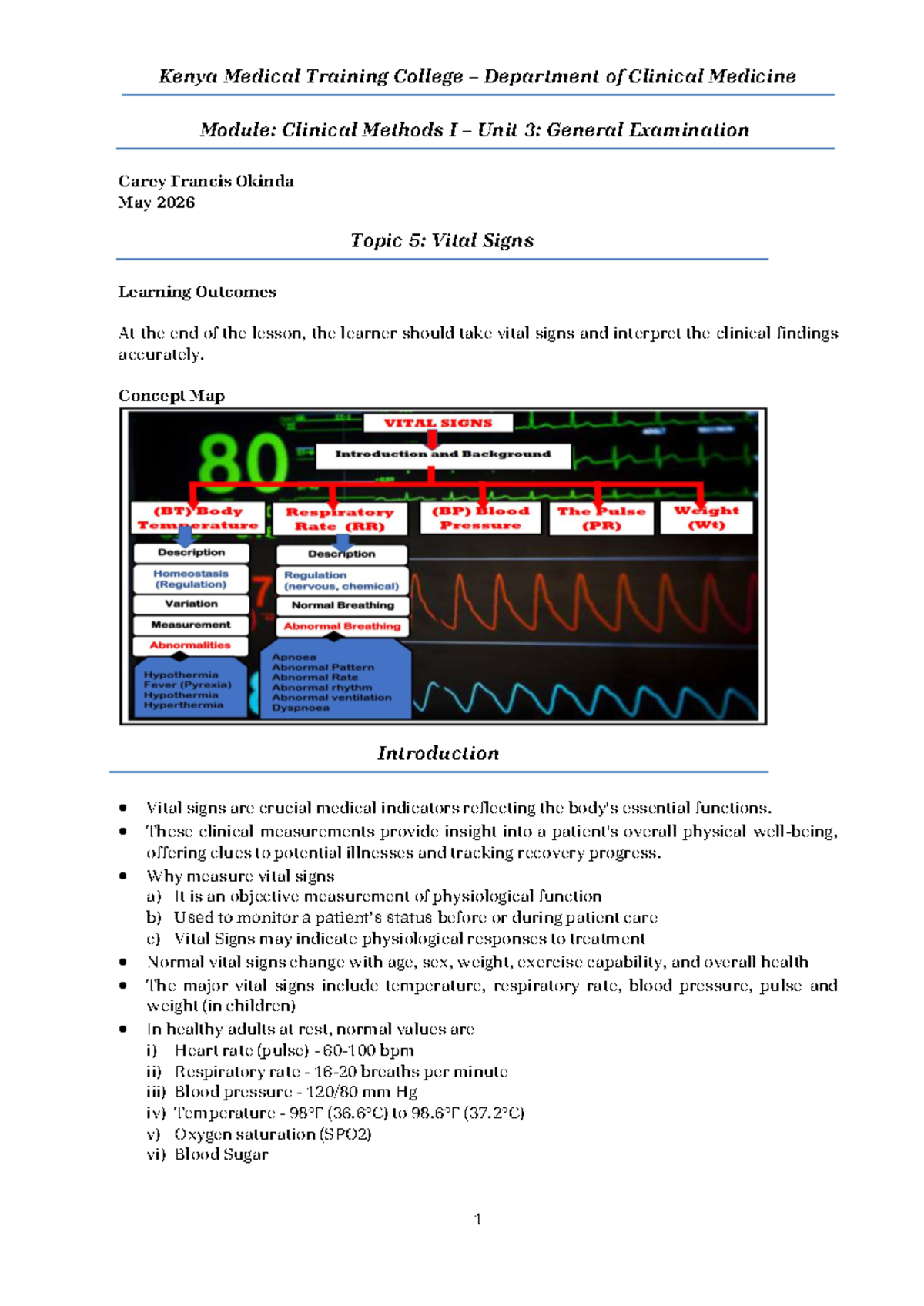 General Examination - Unit 3 - Topic 5: Vital Signs (May 2026) - Studocu