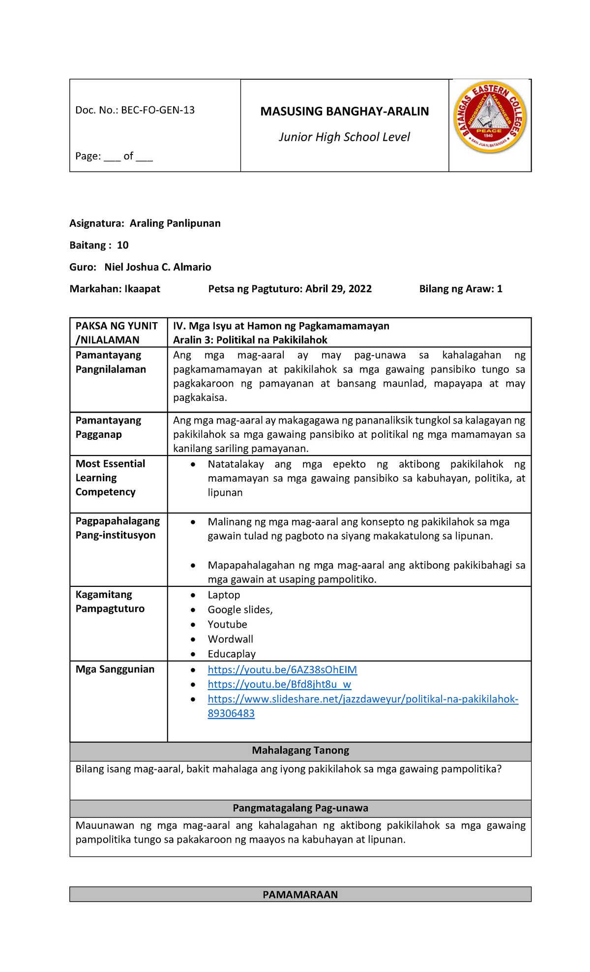 Detailed Lesson Plan for Grade 10 on Political Participation - Studocu