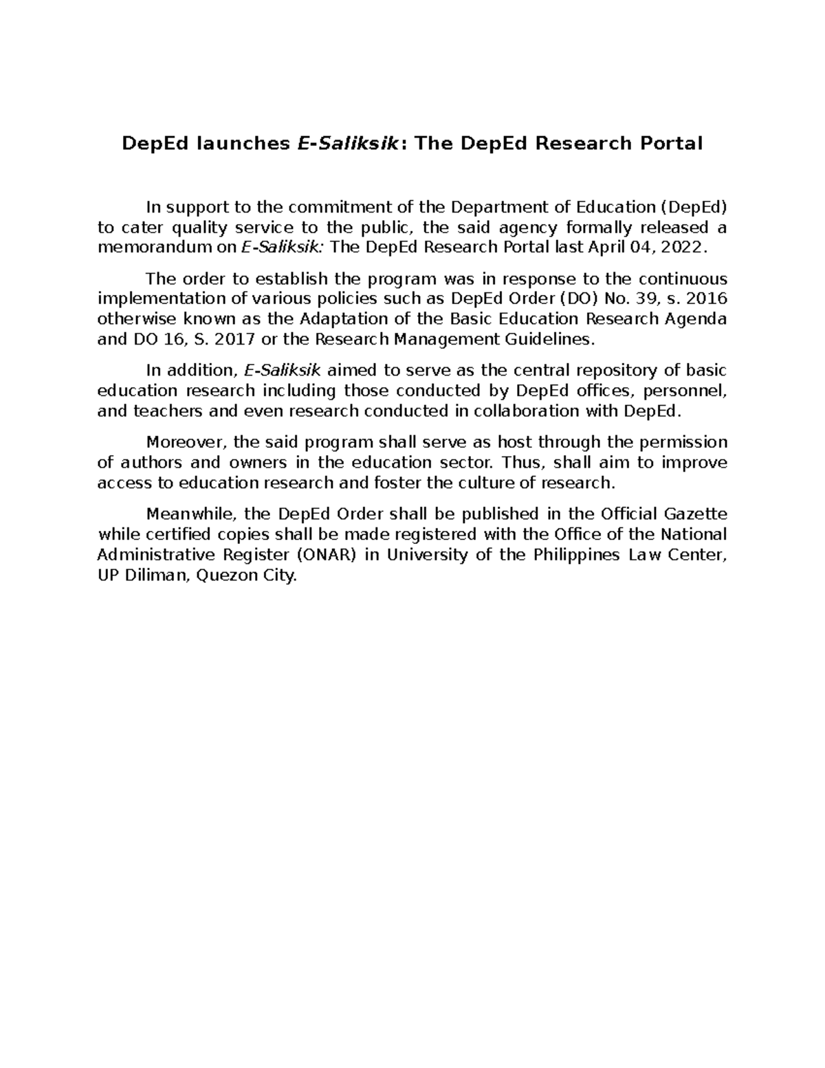 DepEd Research Portal Launch: E-Saliksik Overview and Impact - Studocu