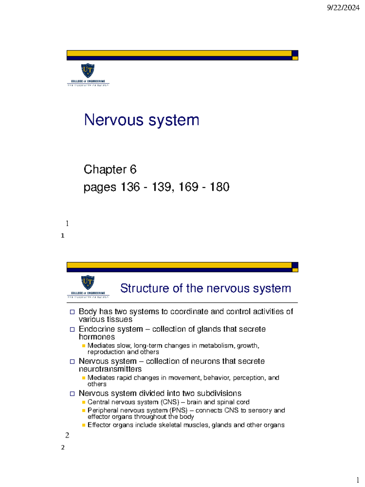 5-nervous system slides - Nervous system Chapter 6 pages 136 - 139, 169 ...