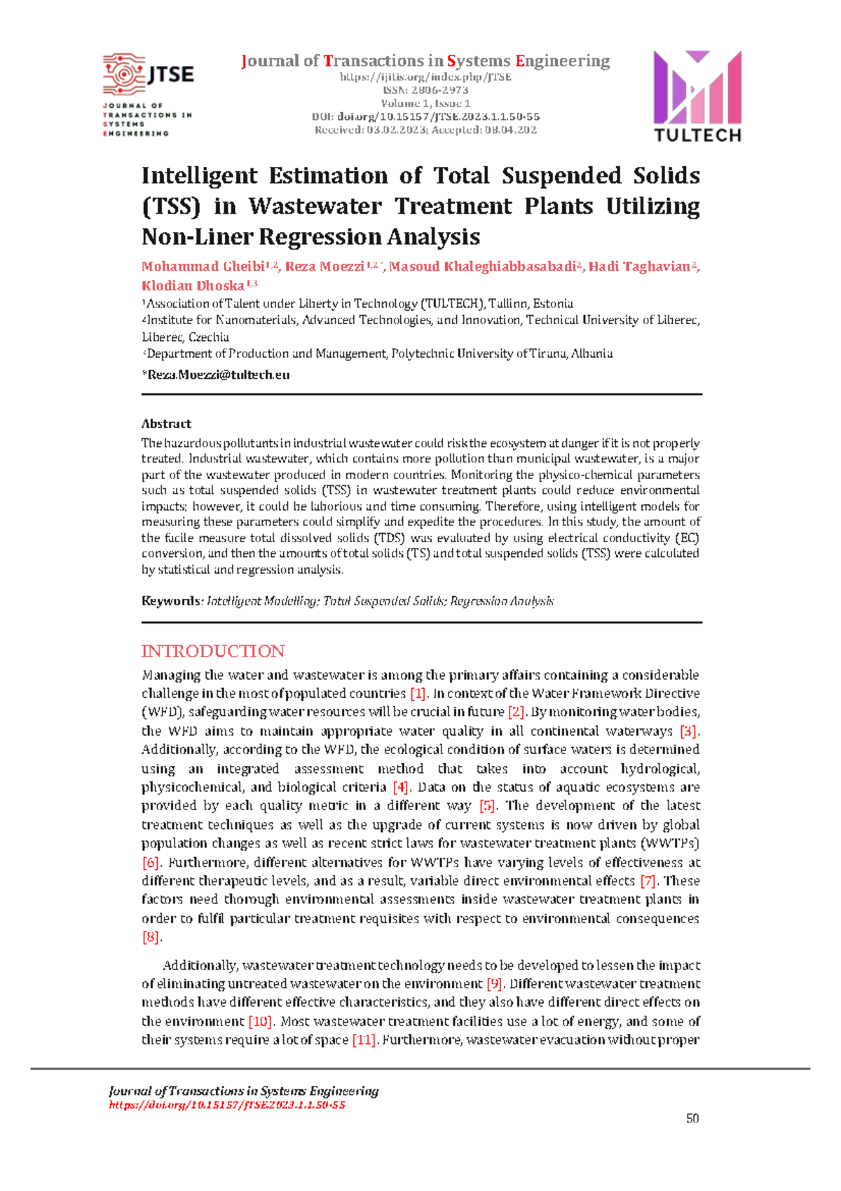 Intelligent Estimation of TSS in WWTPs Using Regression Analysis - JTSE ...