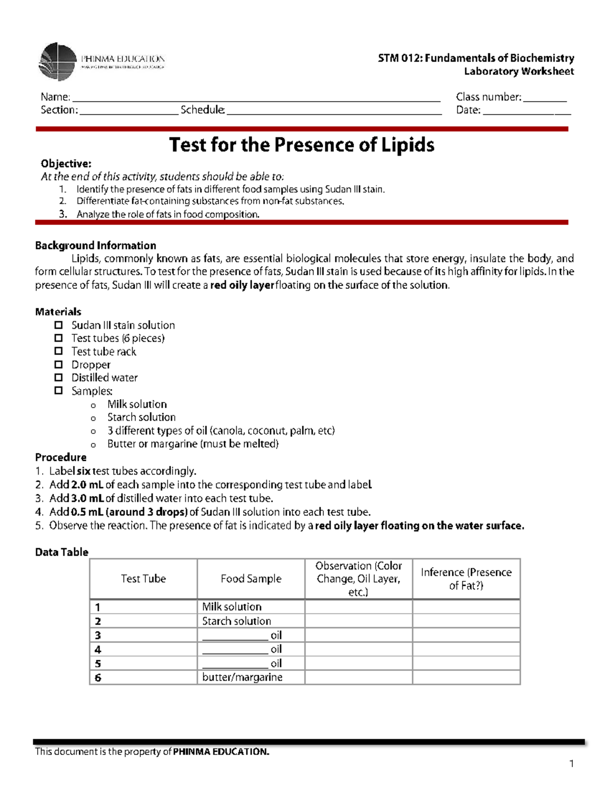 STM 012: Lab Worksheet on Testing Lipids Presence - 2nd Grading - Studocu