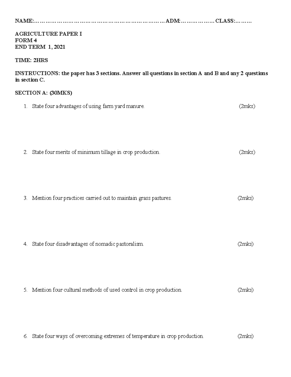 Agriculture PP1 Form 4 End Term 1 Exam 2021 Teacher - - Studocu