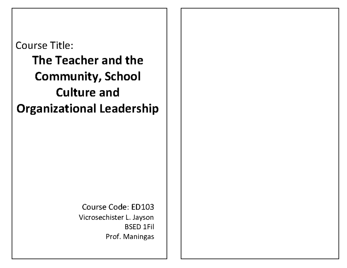 ED Course Overview: Teacher, Community, School Culture & Leadership ...
