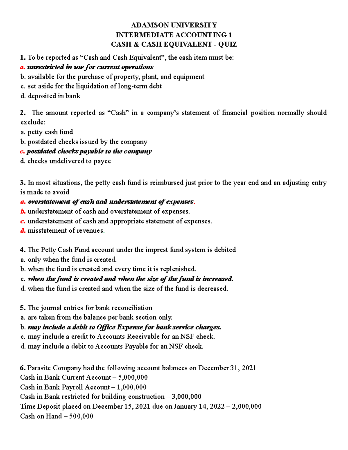 ADAMSON UNIVERSITY INTERMEDIATE ACCOUNTING 1 CASH AND CASH EQUIVALENTS ...