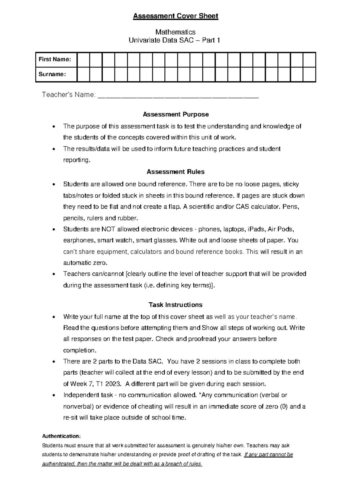 11 Gen Data SAC 1A - Univariate Data Assessment Cover Sheet - Studocu