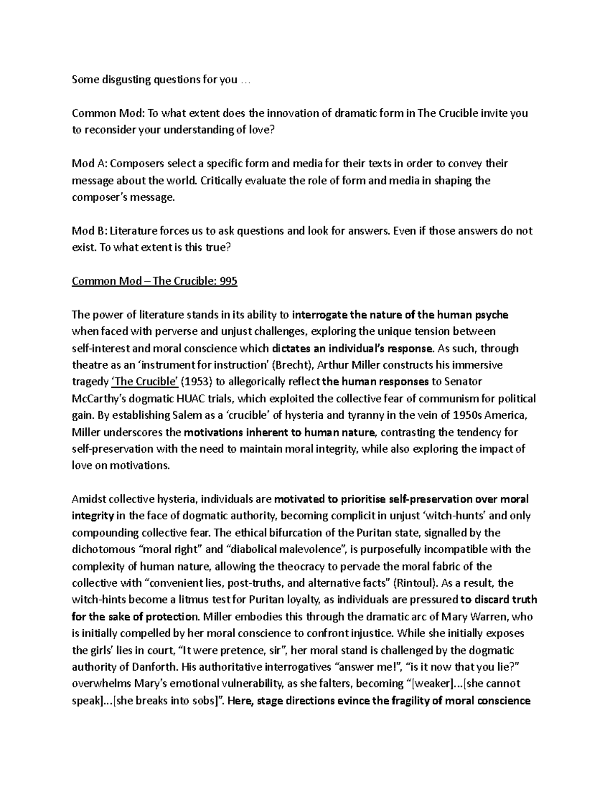 Finalised Essays - Some disgusting questions for you ... Common Mod: To ...