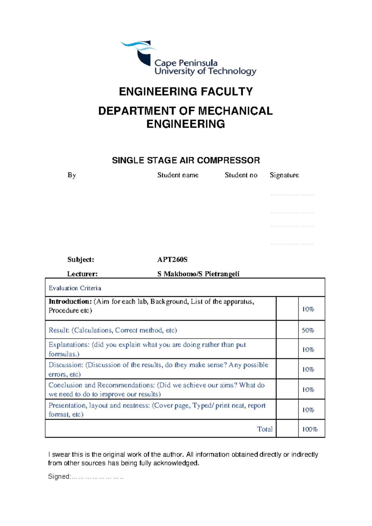 APT260S Single Stage Air Compressor Lab Report and Analysis - Studocu