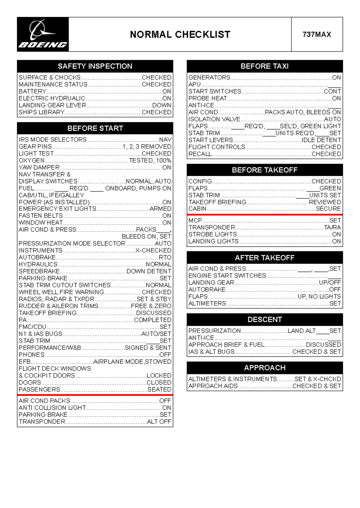 [B38M] 737MAX Boeing Normal Checklist for Safety Inspection - Studocu