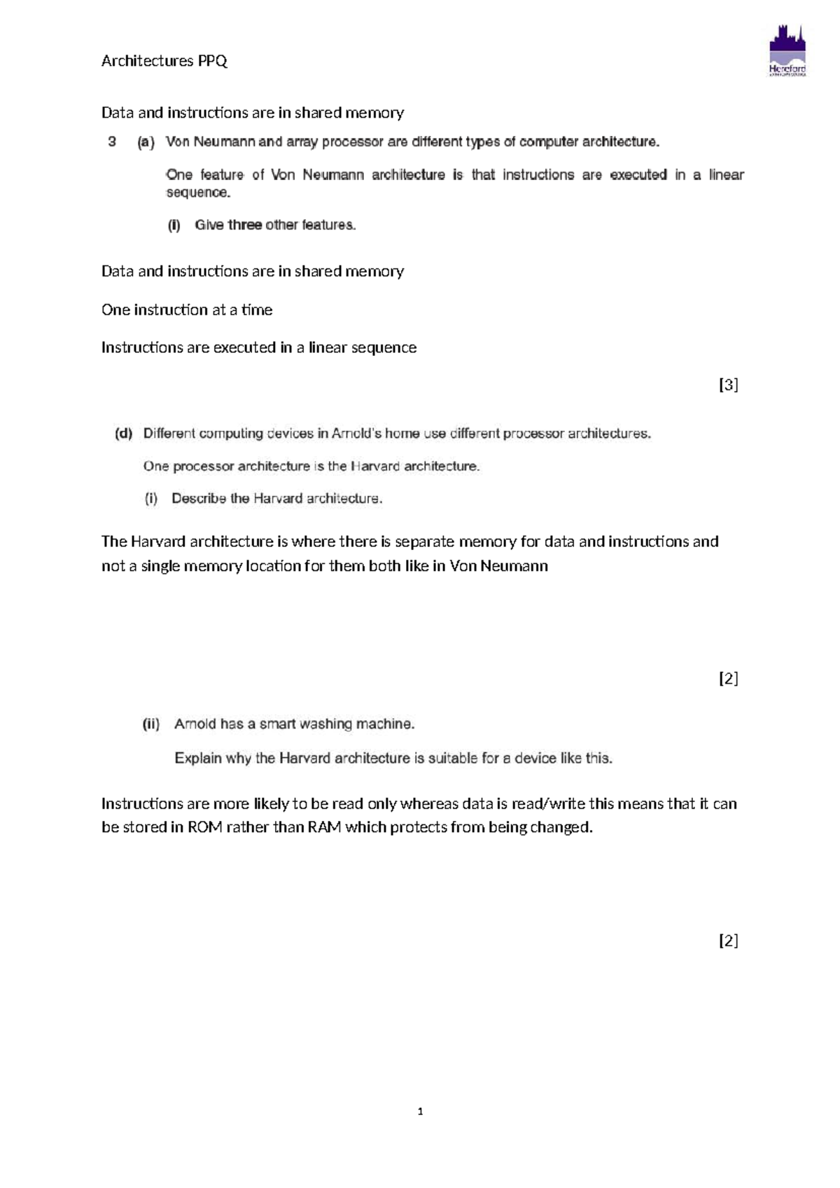 Architectures PPQ - Computer science a level vonn newman and harvard assignment - Architectures ...