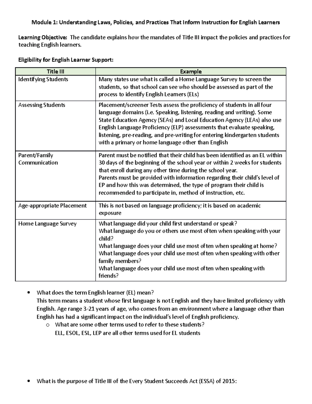 D096 Module 1 Study Guide: Laws & Policies for English Learners - Studocu