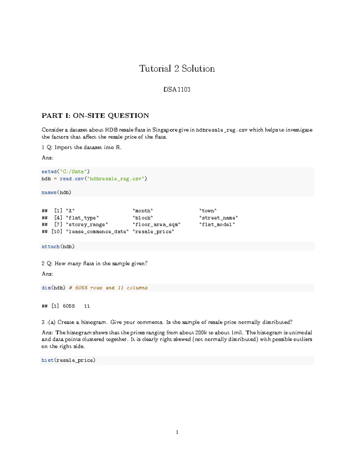 Tutorial 02 soln - Tut 2 sol - Tutorial 2 Solution DSA PART I: ON-SITE QUESTION Consider a ...
