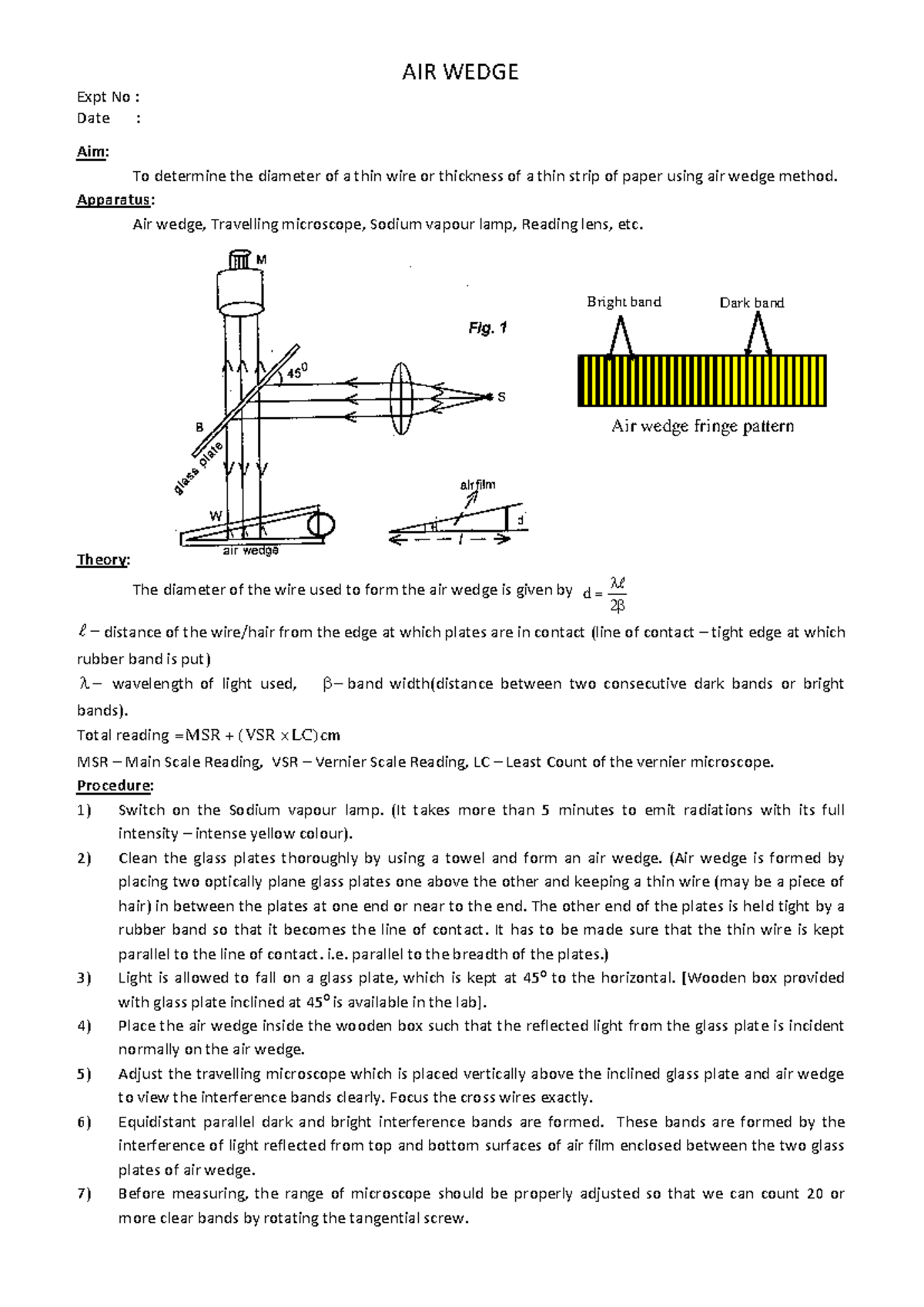 Air Wedge Method - Physics Experiment Notes - Studocu
