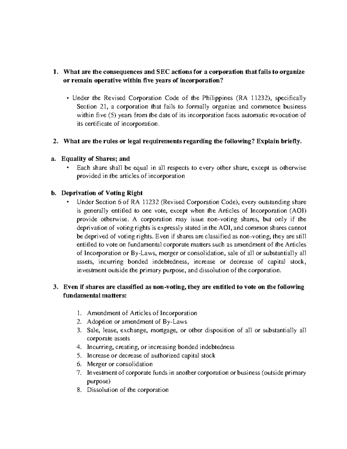 Revised Corporation Code Law: SEC Actions & Shareholder Rights - Studocu