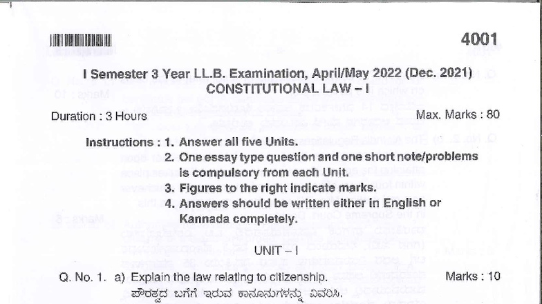 4001 I Sem LL.B. Exam 2022: Constitutional Law I Guide - Studocu
