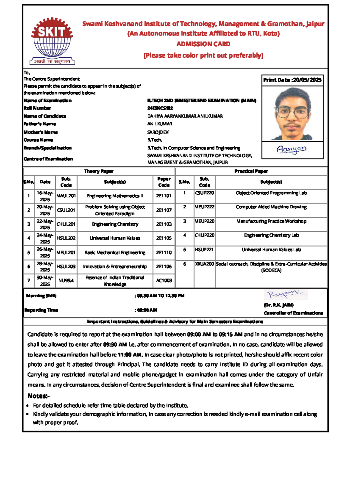 B.TECH 2ND SEMESTER END EXAM ADMISSION CARD (24ESKCS102) - Studocu