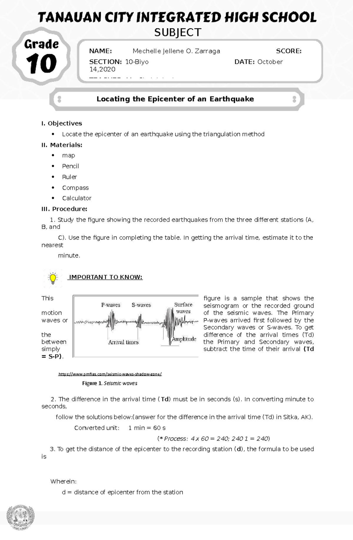 Locating THE Epicenter OF AN Earthquake PRactice material - English ...