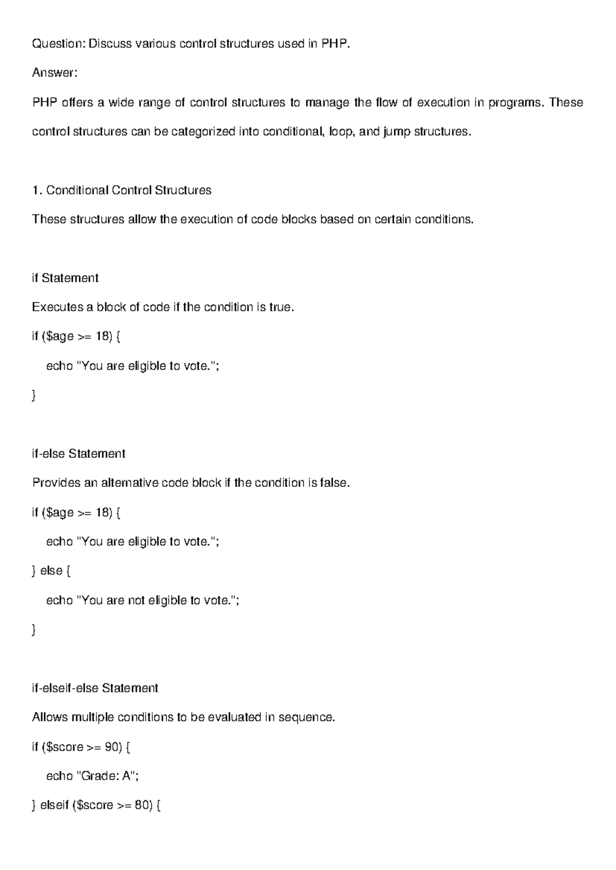 PHP Control Structures - Question: Discuss various control structures used in PHP. Answer: PHP ...