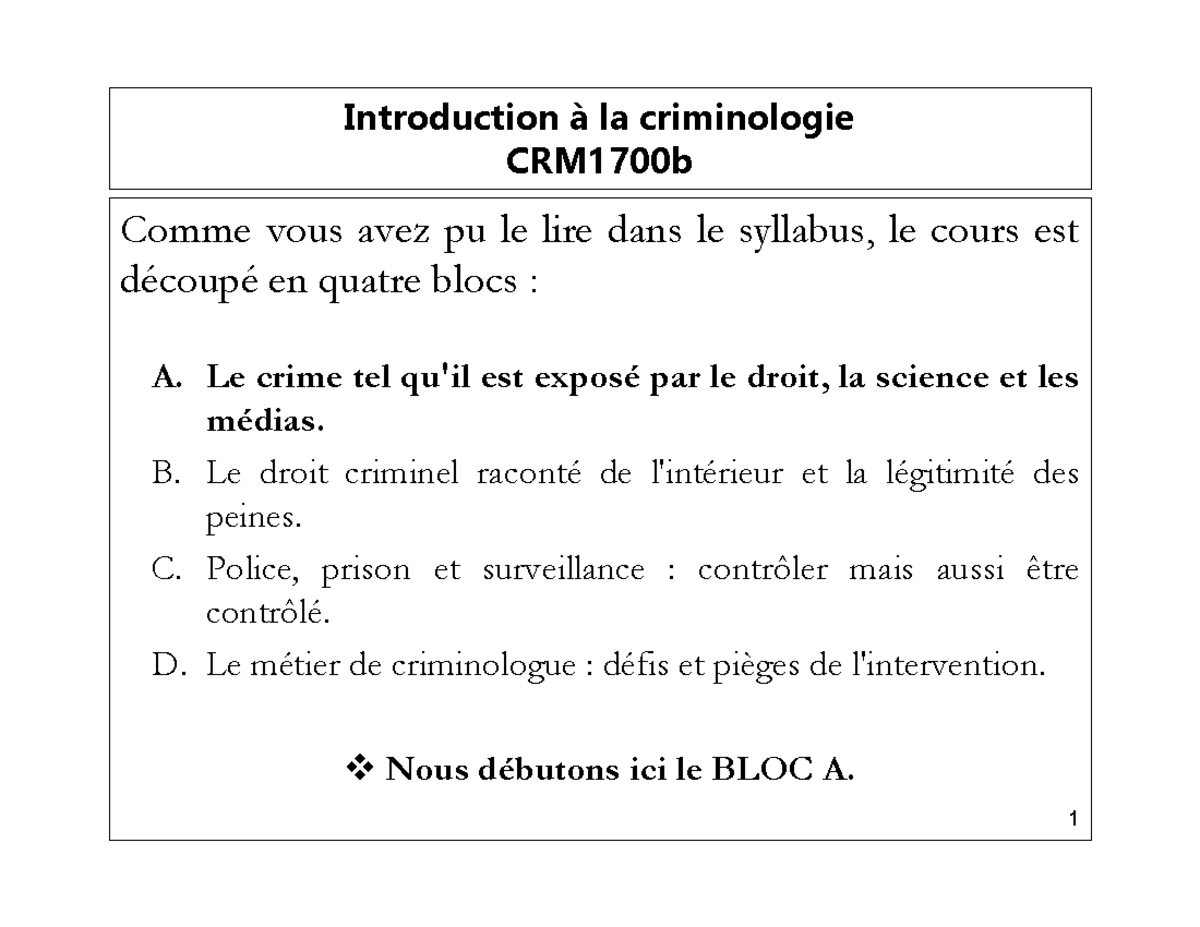 Introduction à la criminologie - Module 1: Le Crime et ses Perceptions ...