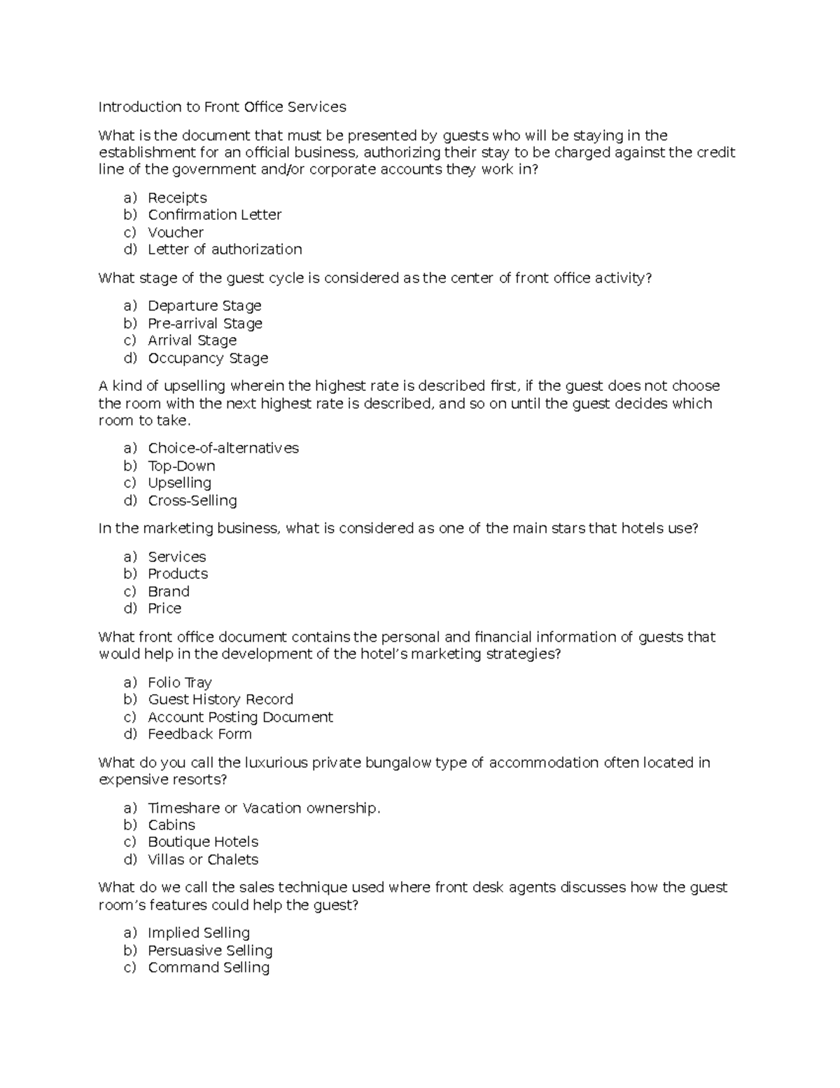HM 101 Final Exam Part 4: Front Office Services Overview - Studocu