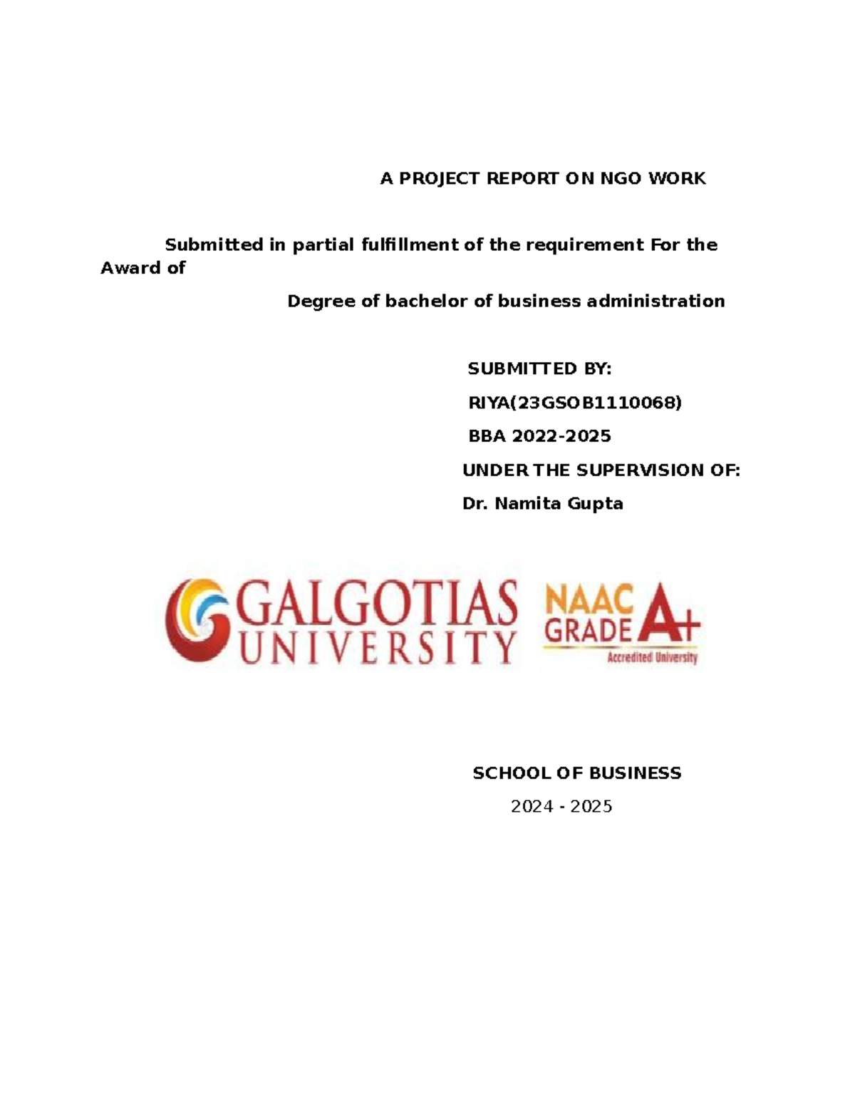 BBA Project Report: Community Service with MIW Foundation - Studocu