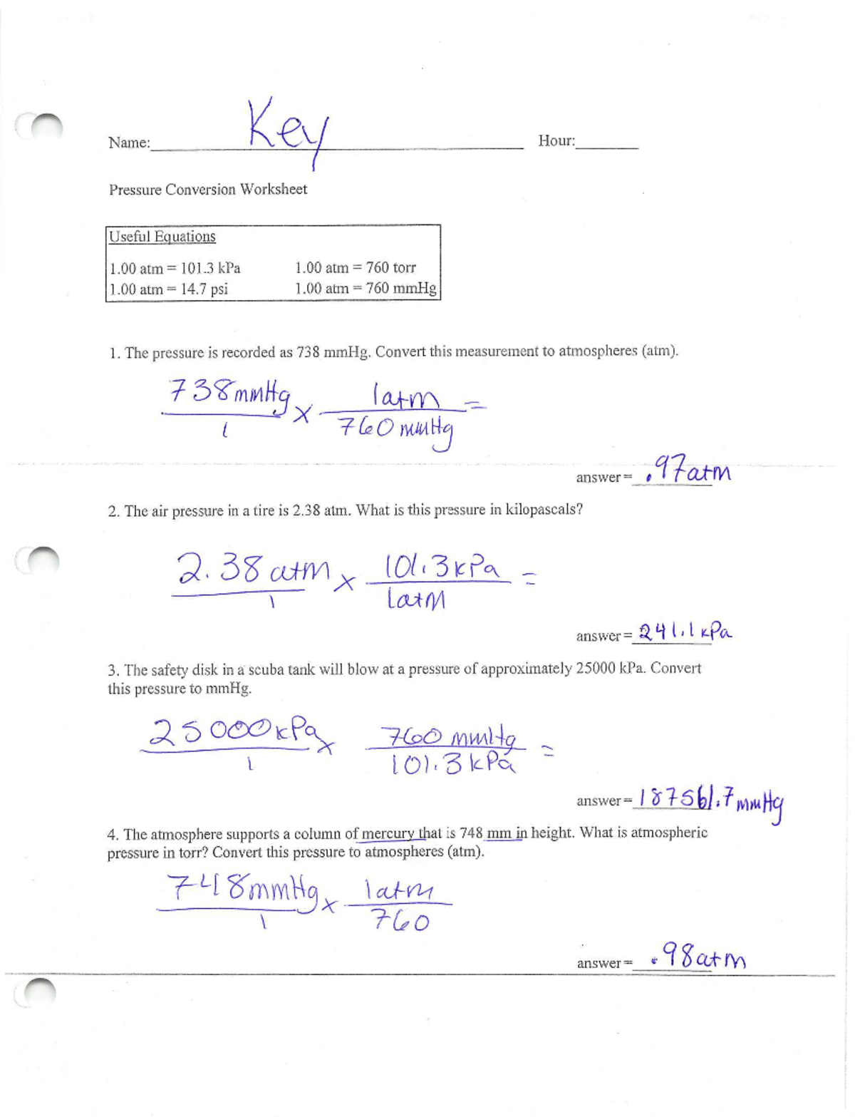 Pressure Conversion Worksheet KEY: Useful Equations & Solutions - Studocu
