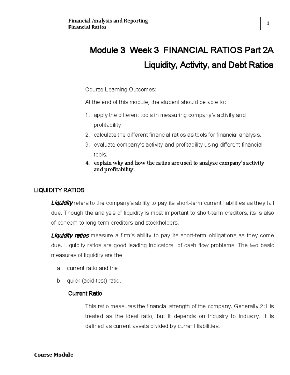 Module 3 Financial Ratios Part 2A: Liquidity, Activity, & Debt Analysis ...