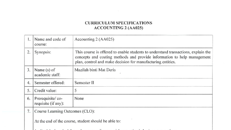 Curriculum Specifications for Accounting 2 (AA025) Course Overview ...