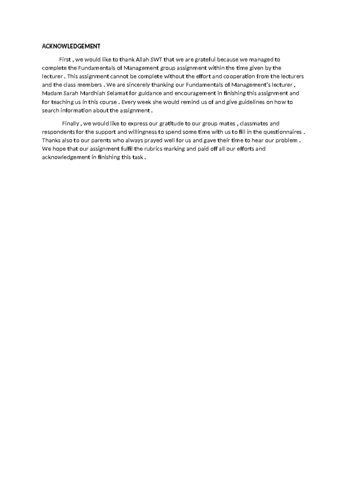 MGT 101: Acknowledgement for Group Assignment Completion - Studocu