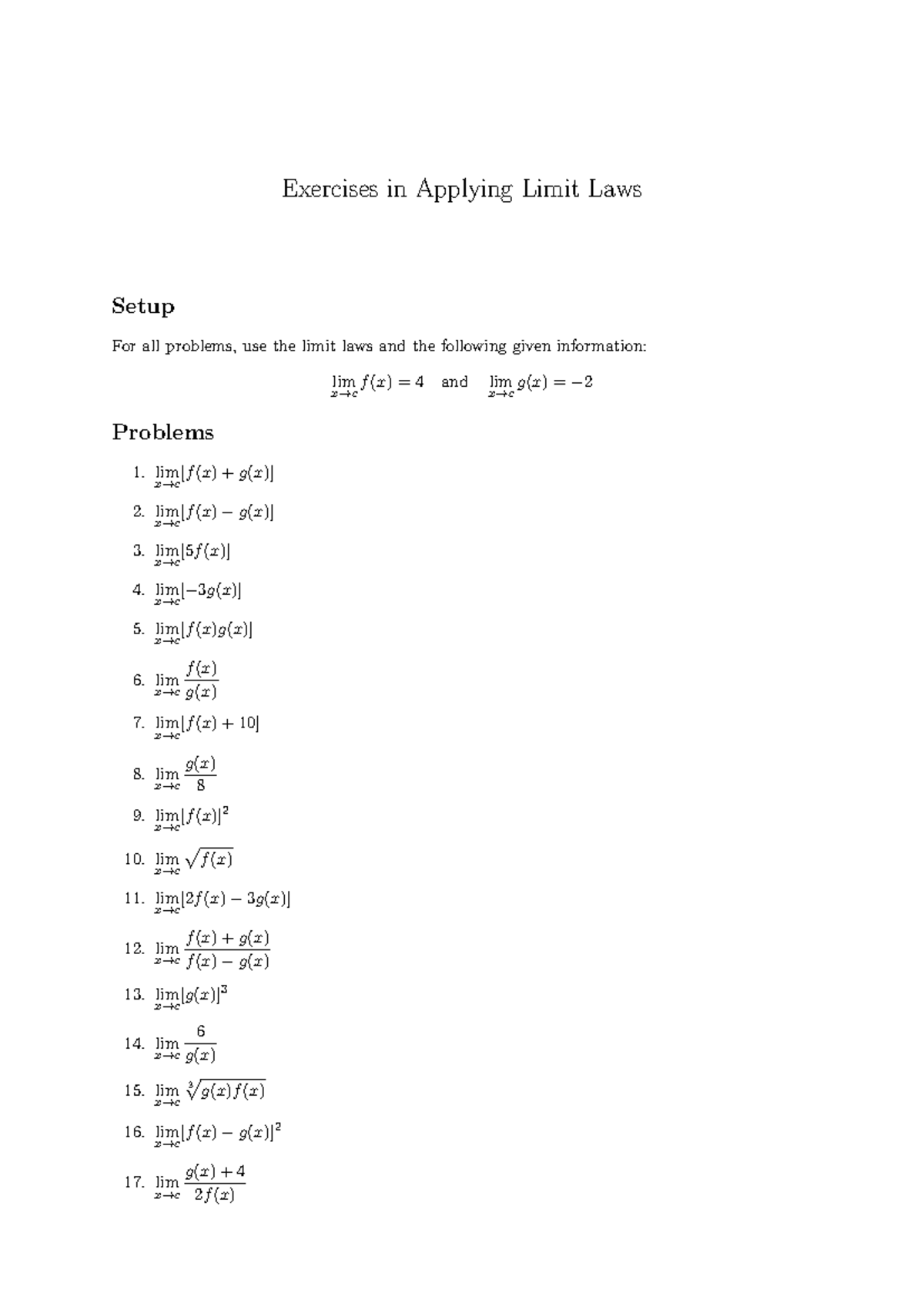 Exercises on Limit Laws (Course Code: 1.1) - Studocu
