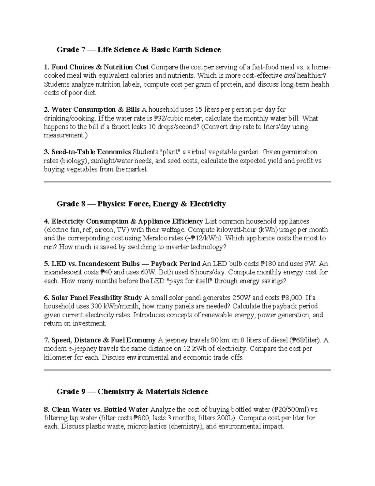 Grade 7-10 Real World Problems in Financial Literacy and Science ...