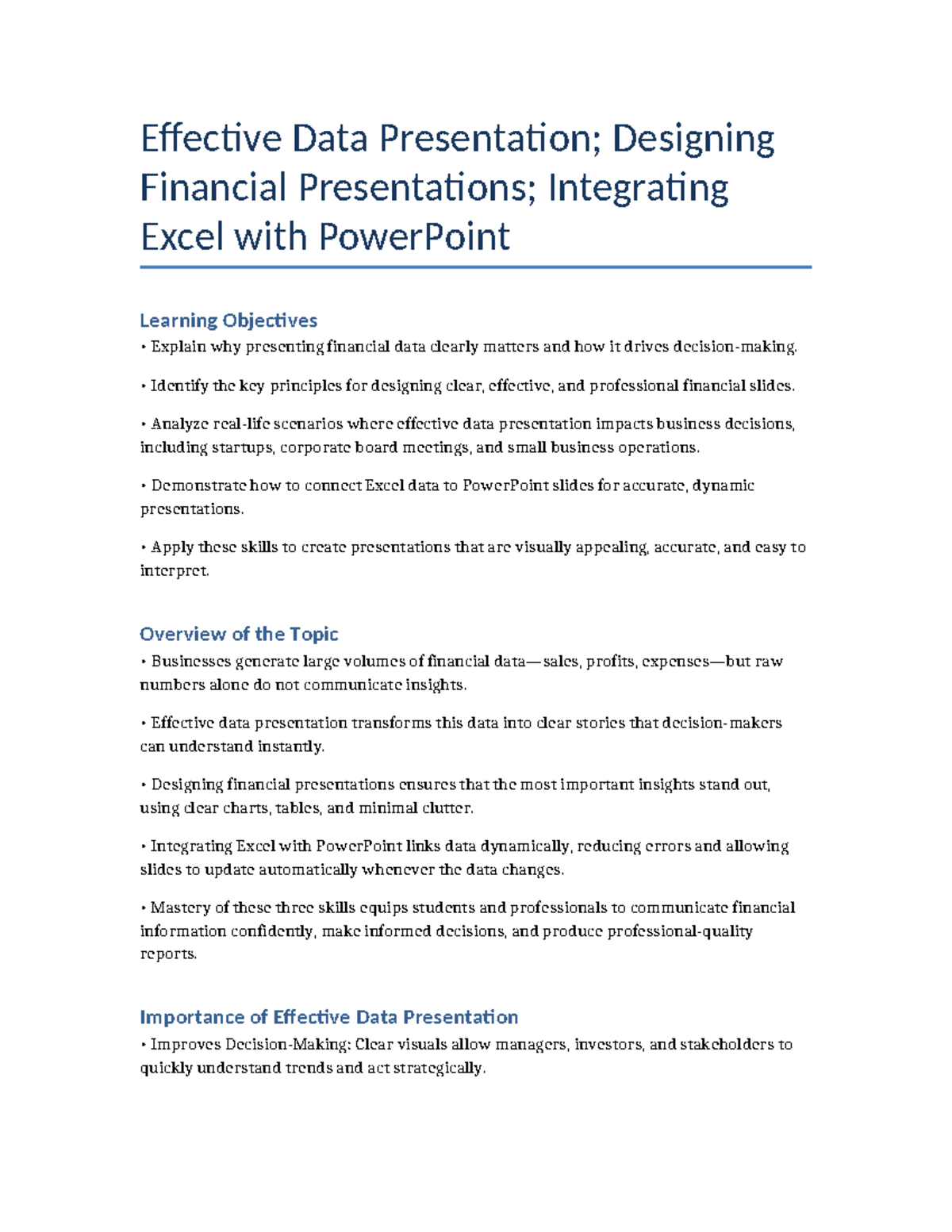 Effective Data Presentation Handout: Integrating Excel with PowerPoint ...