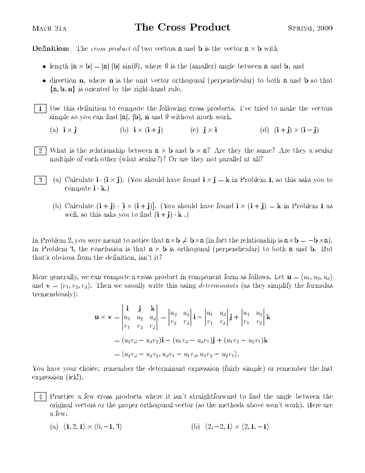 Cross Products Introduction - Math 21A Spring 2009 - Studocu