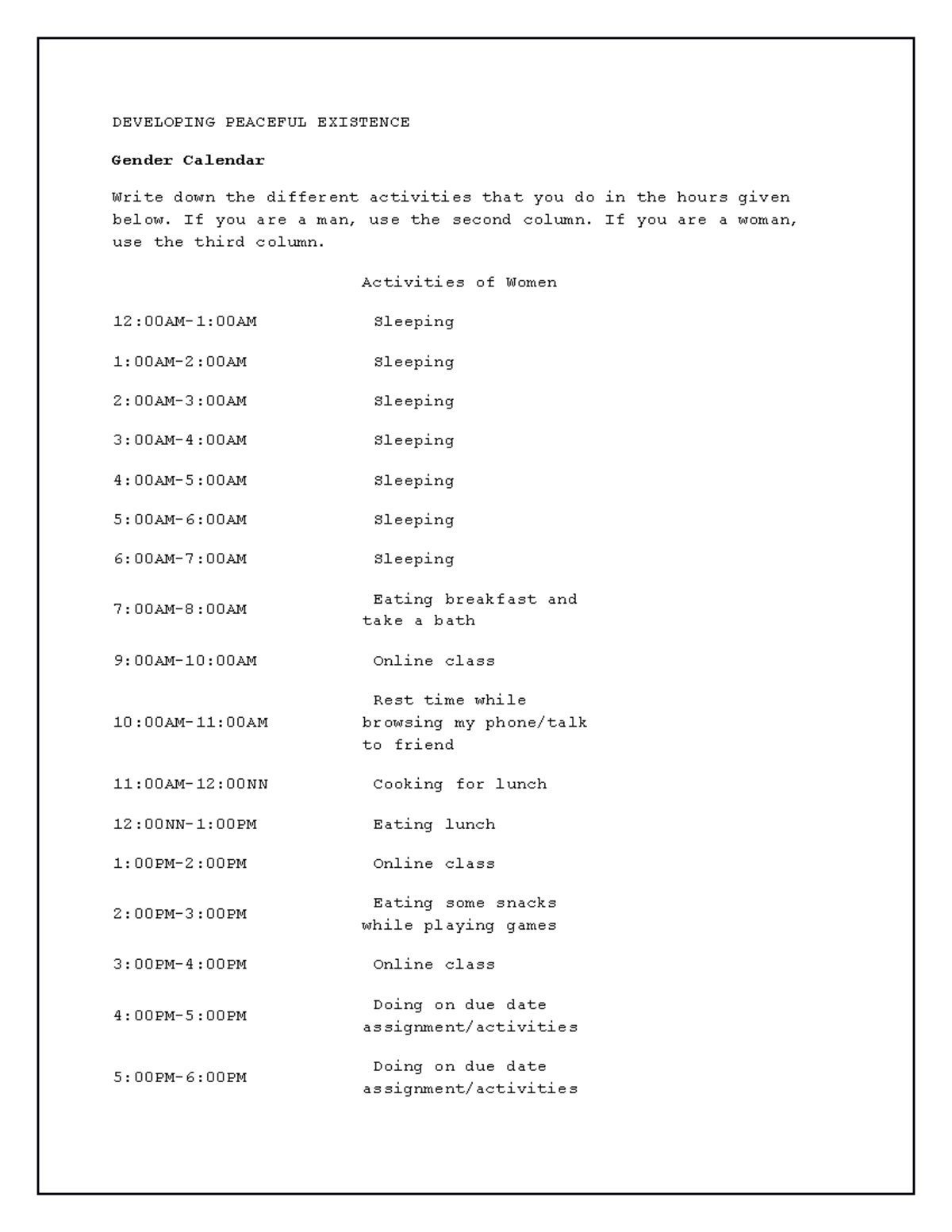 Gender Activity Calendar for Developing Peaceful Existence Activities ...