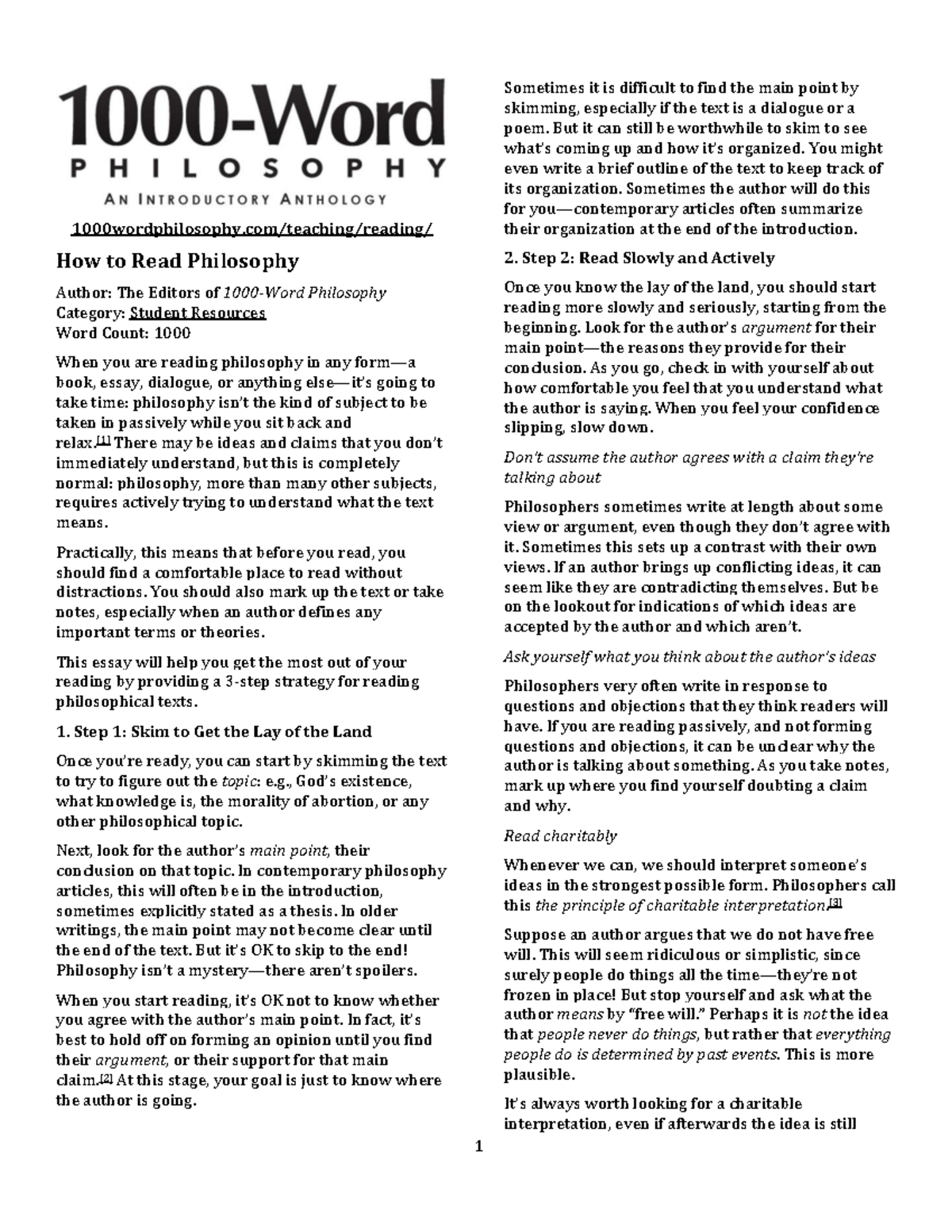 Reading Philosophy 2: Strategies for Understanding Texts - Studocu