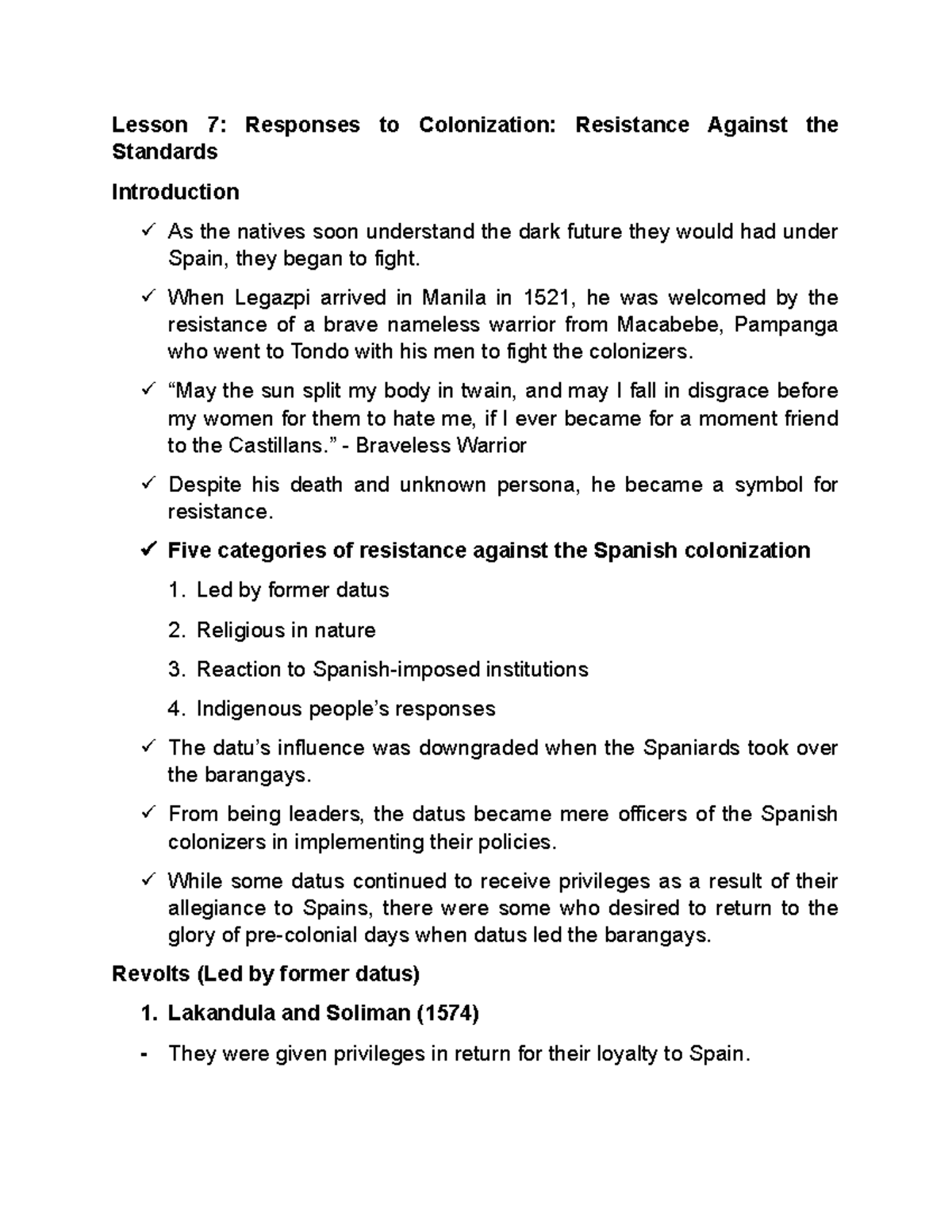 GEN 004 Lesson 7 - Resistance Against Colonization and Revolts - Studocu