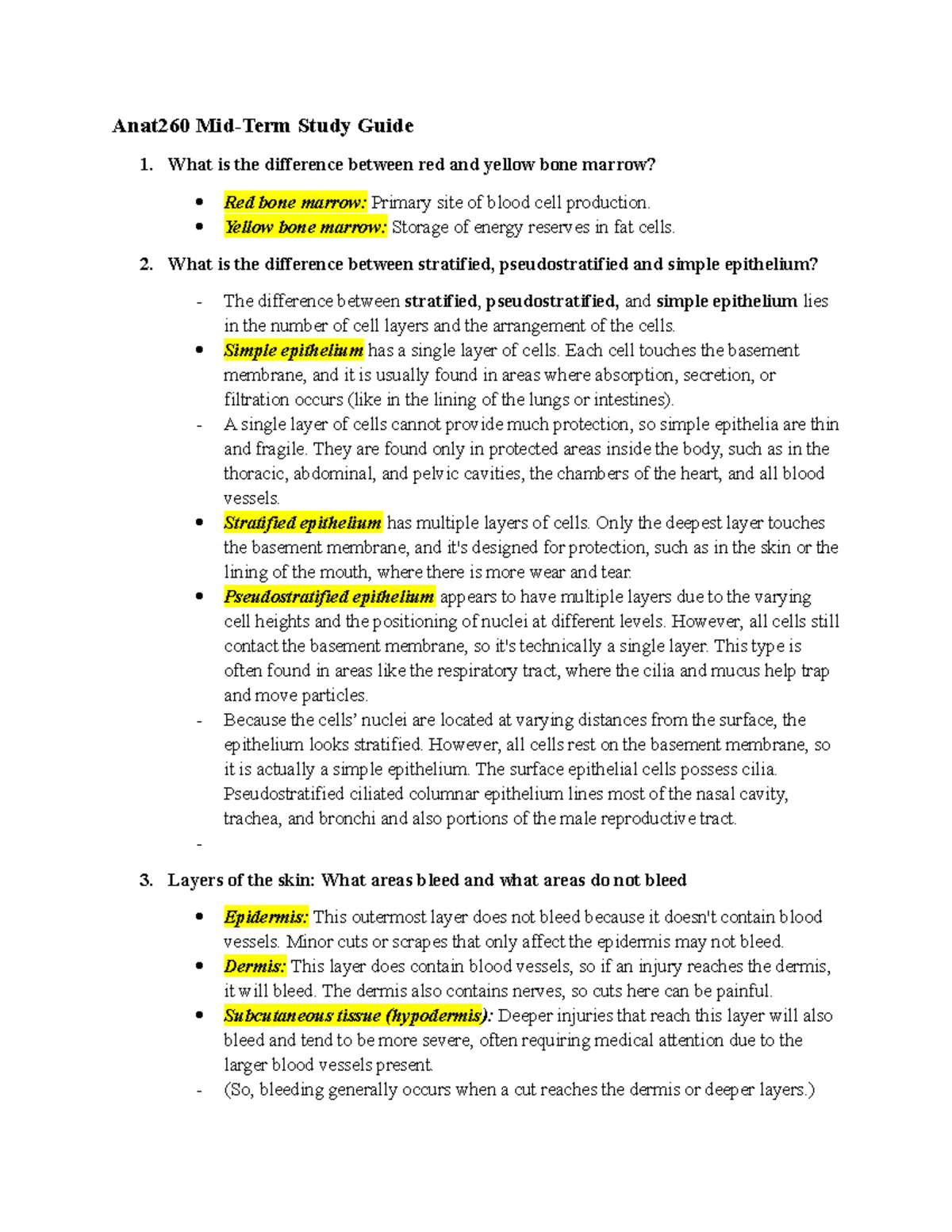 Anat 260 Midterm study guide: Key concepts in anatomy and physiology - Studocu