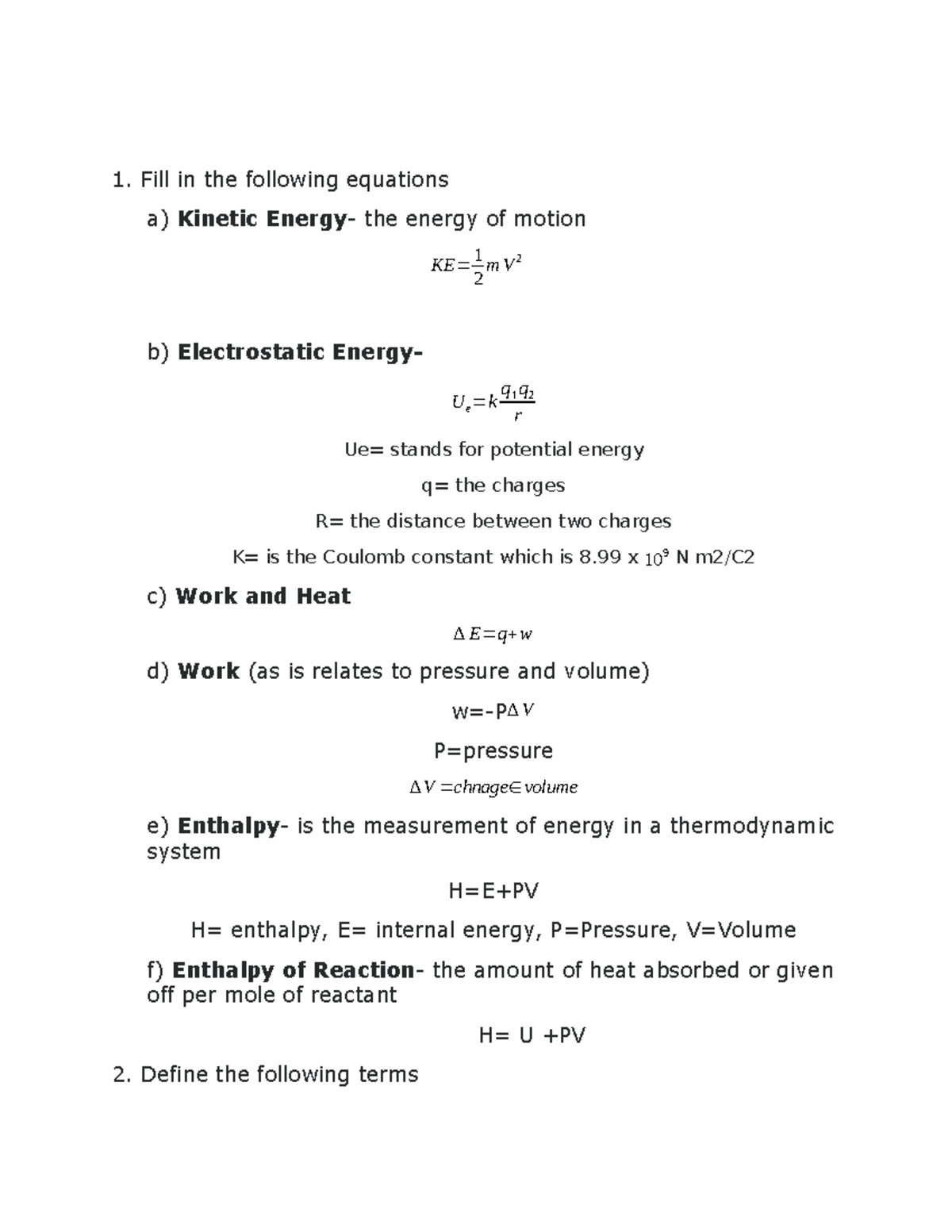 General Wk 5 - Chemistry Lab: Energy Equations & Definitions - Studocu