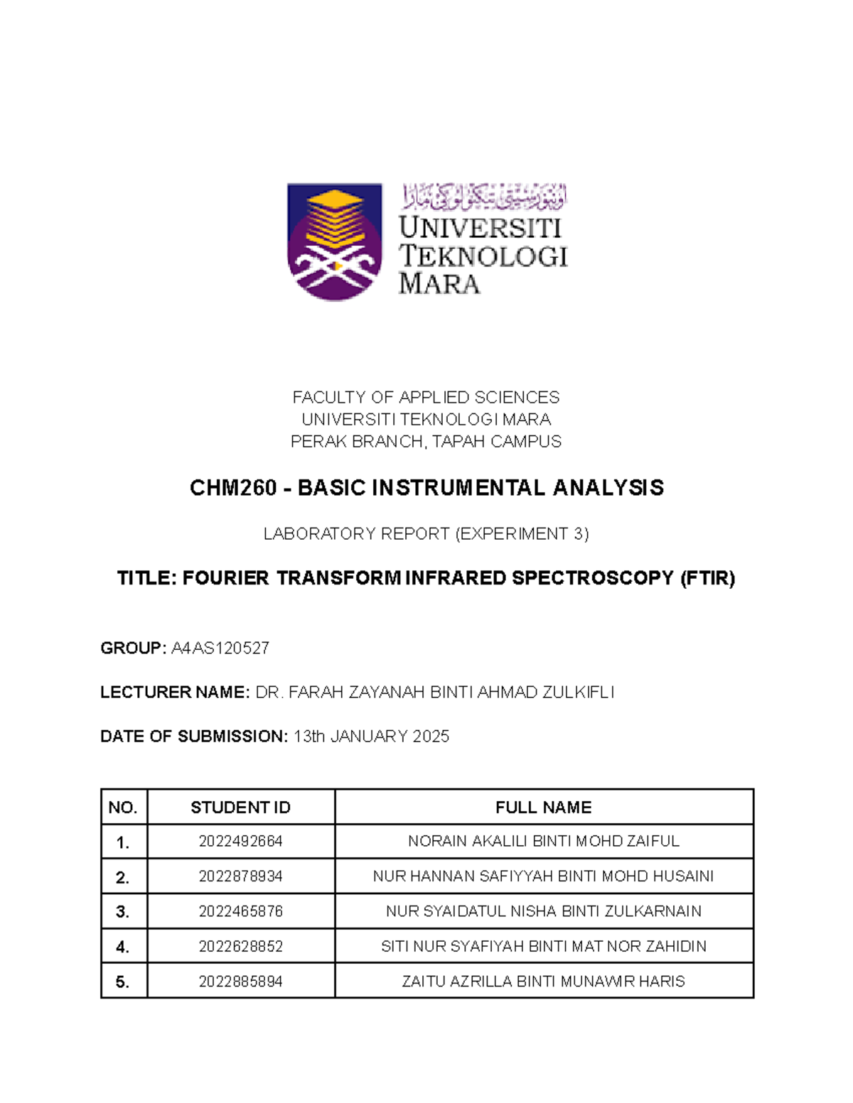 LAB Report CHM260 Experiment 3 - FACULTY OF APPLIED SCIENCES UNIVERSITI ...