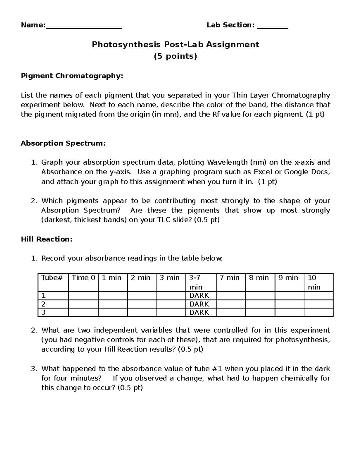 Photosynthesis Post-Lab Report - BIOL101 Analysis and Results - Studocu