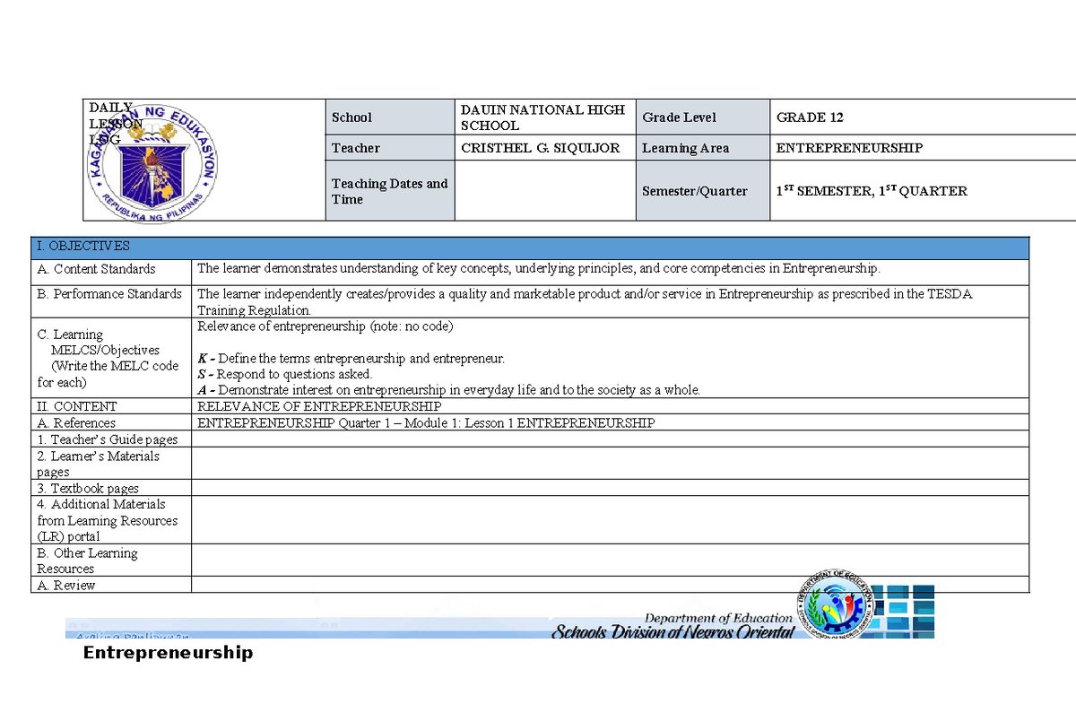 Entrepreneurship Lesson Plan for Grade 12 - Q1 Week 1 - Studocu