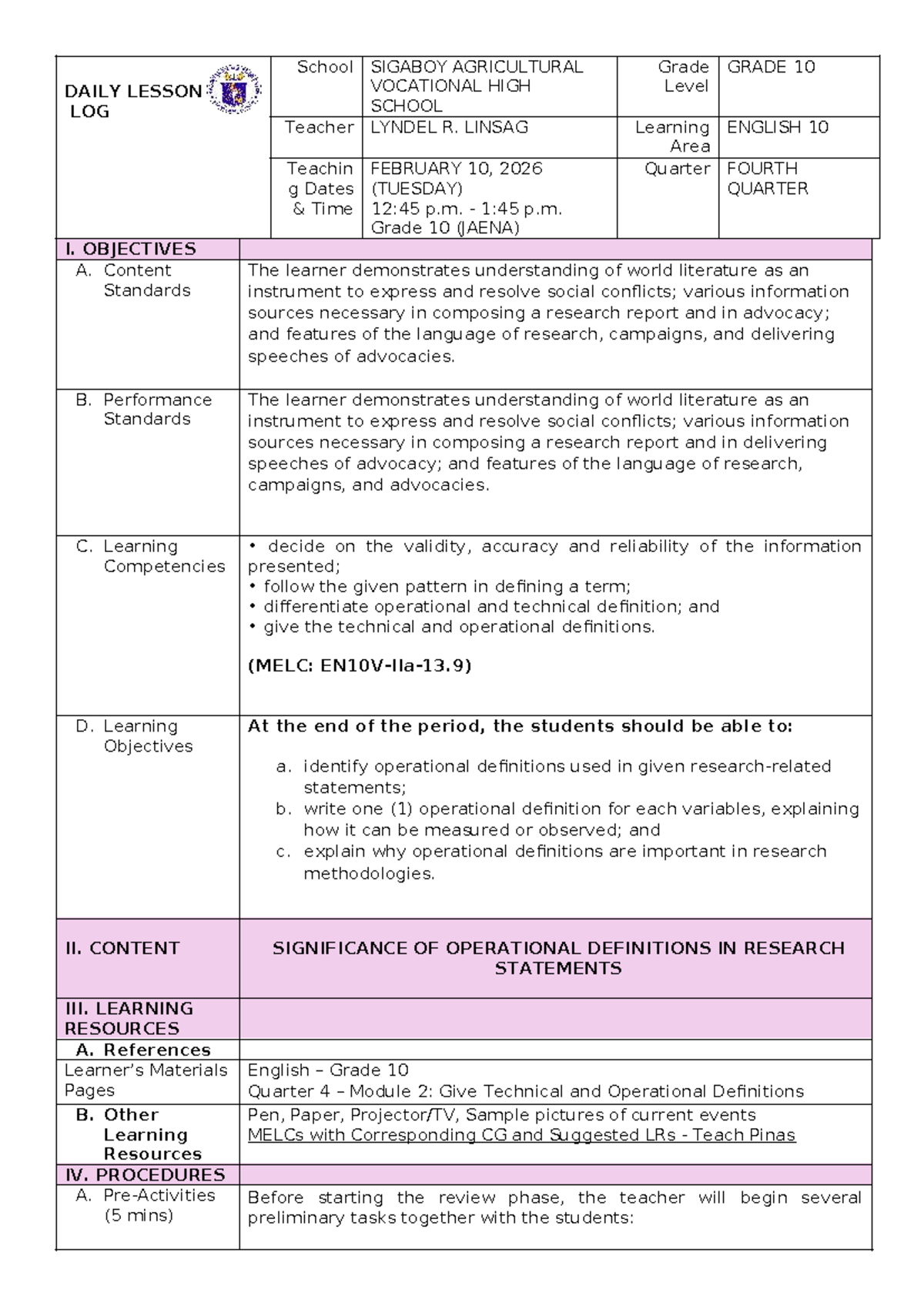 DAILY LESSON LOG: GRADE 10 ENGLISH 10 - TECHNICAL & OPERATIONAL TERMS ...