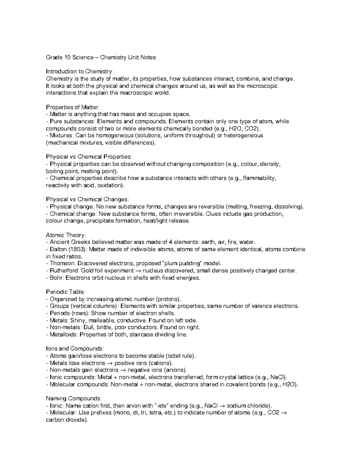 Grade 10 Science Chemistry Unit Notes: Introduction to Chemistry - Studocu
