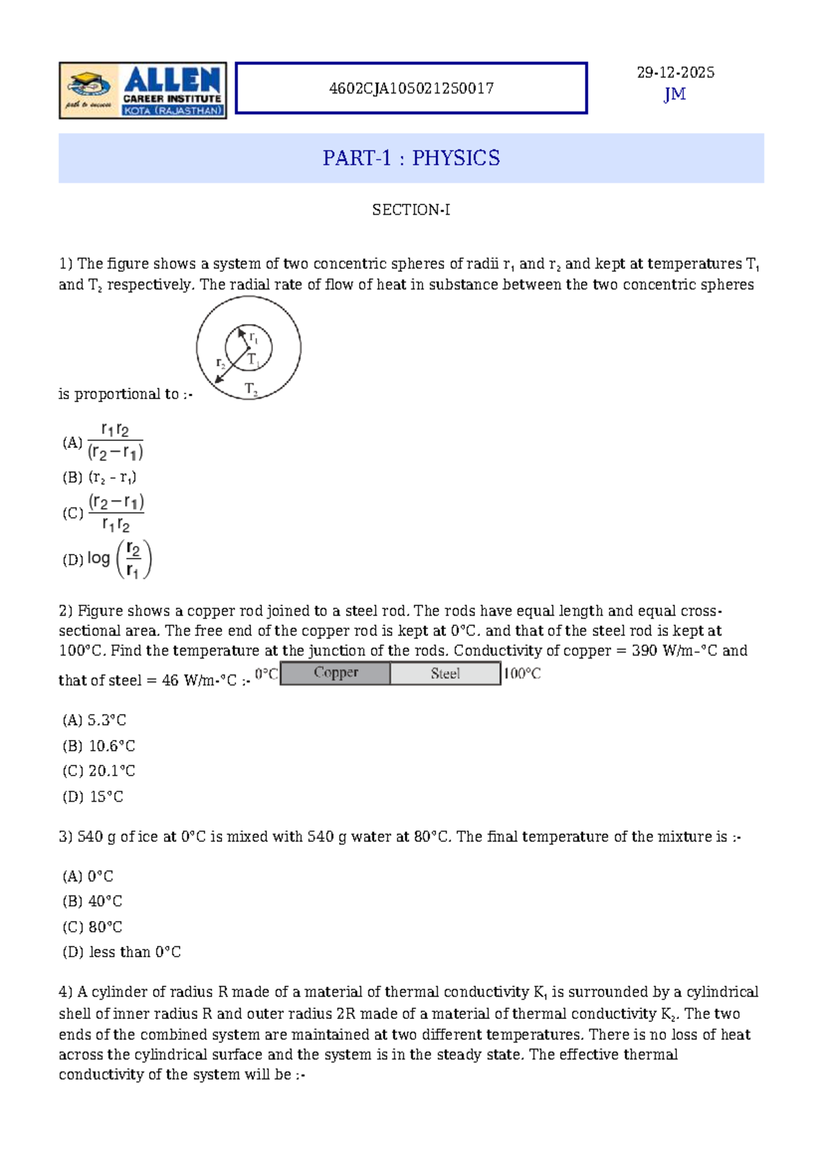 29 Dec Test Minor Adv - 4602CJA105021250017: Physics, Chemistry & Math ...