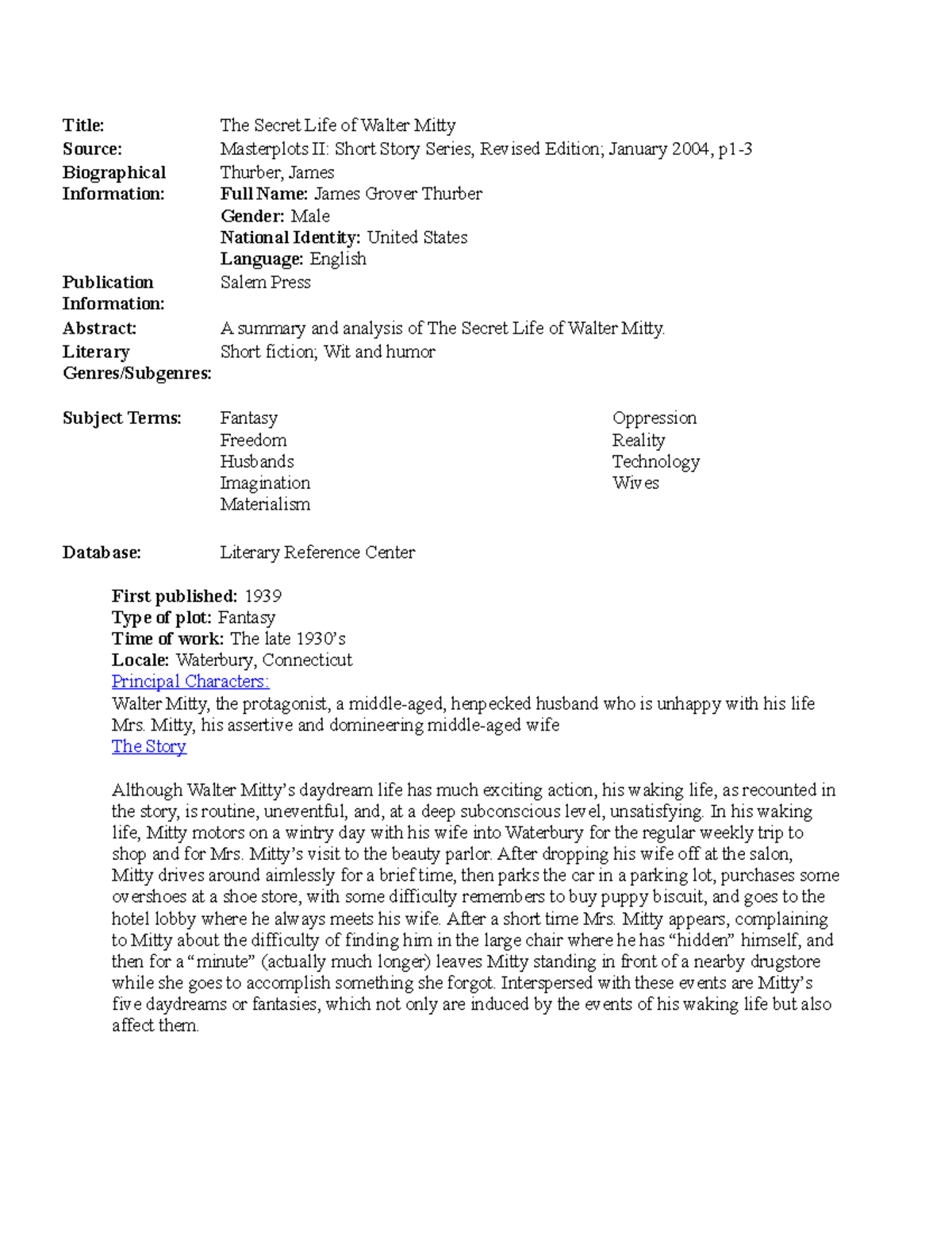 ENG 201: Critical Essay on The Secret Life of Walter Mitty - Studocu