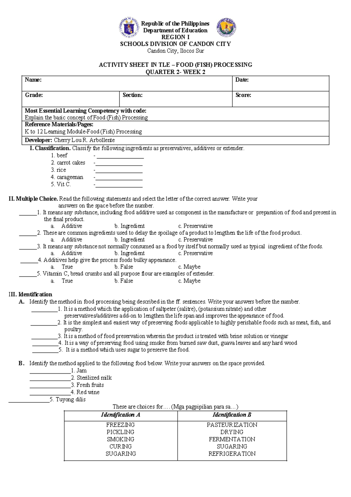Activity 1 - Food Processing & Preservation (TLE-Food Q2 Wk2) - Studocu