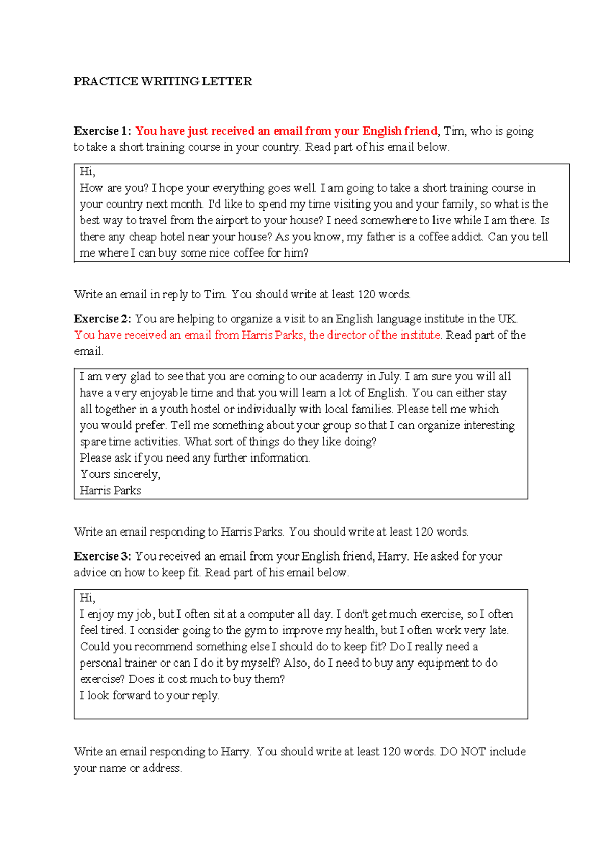 Practice Writing Letter - PRACTICE WRITING LETTER Exercise 1: You have ...