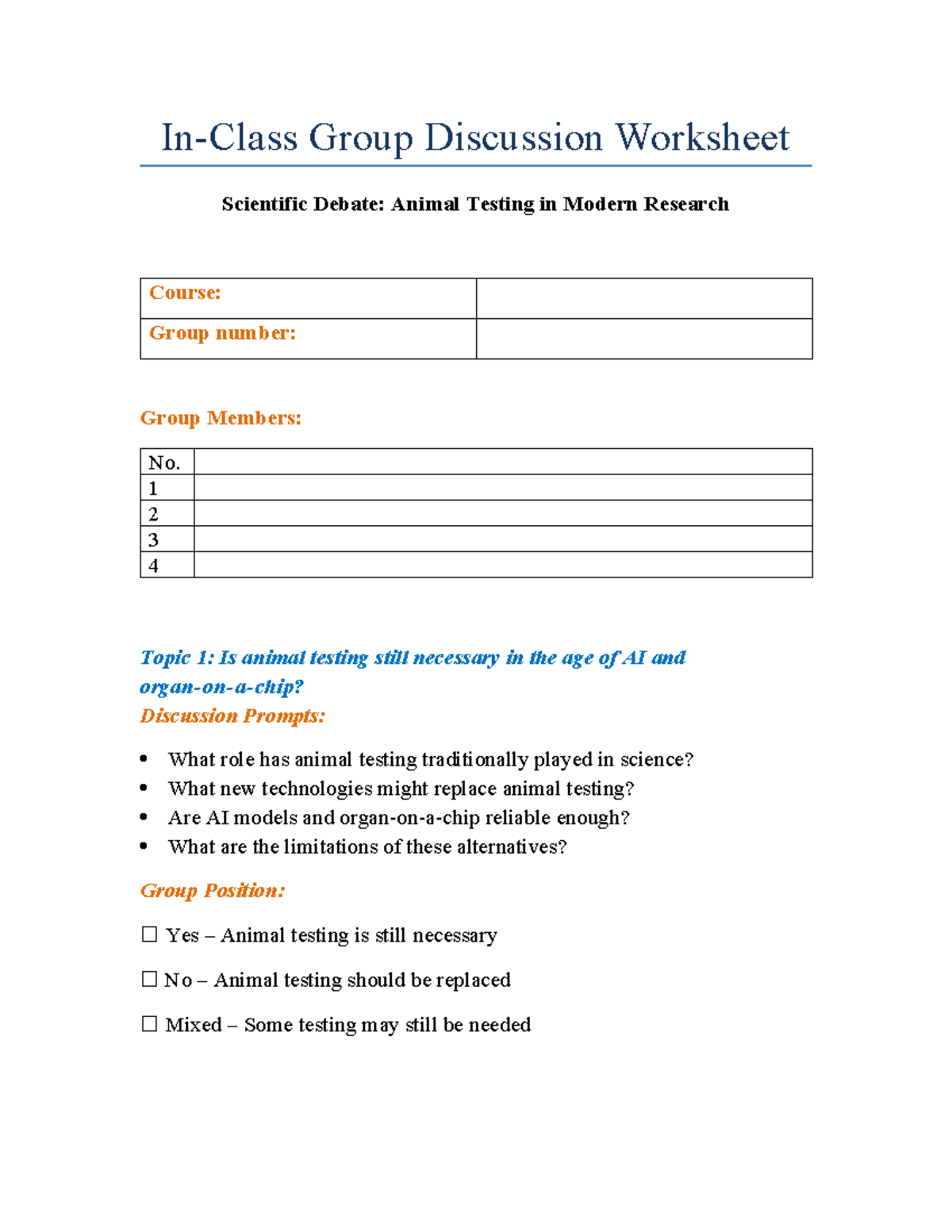 Group Discussion Worksheet: Scientific Debate on Animal Testing - Studocu
