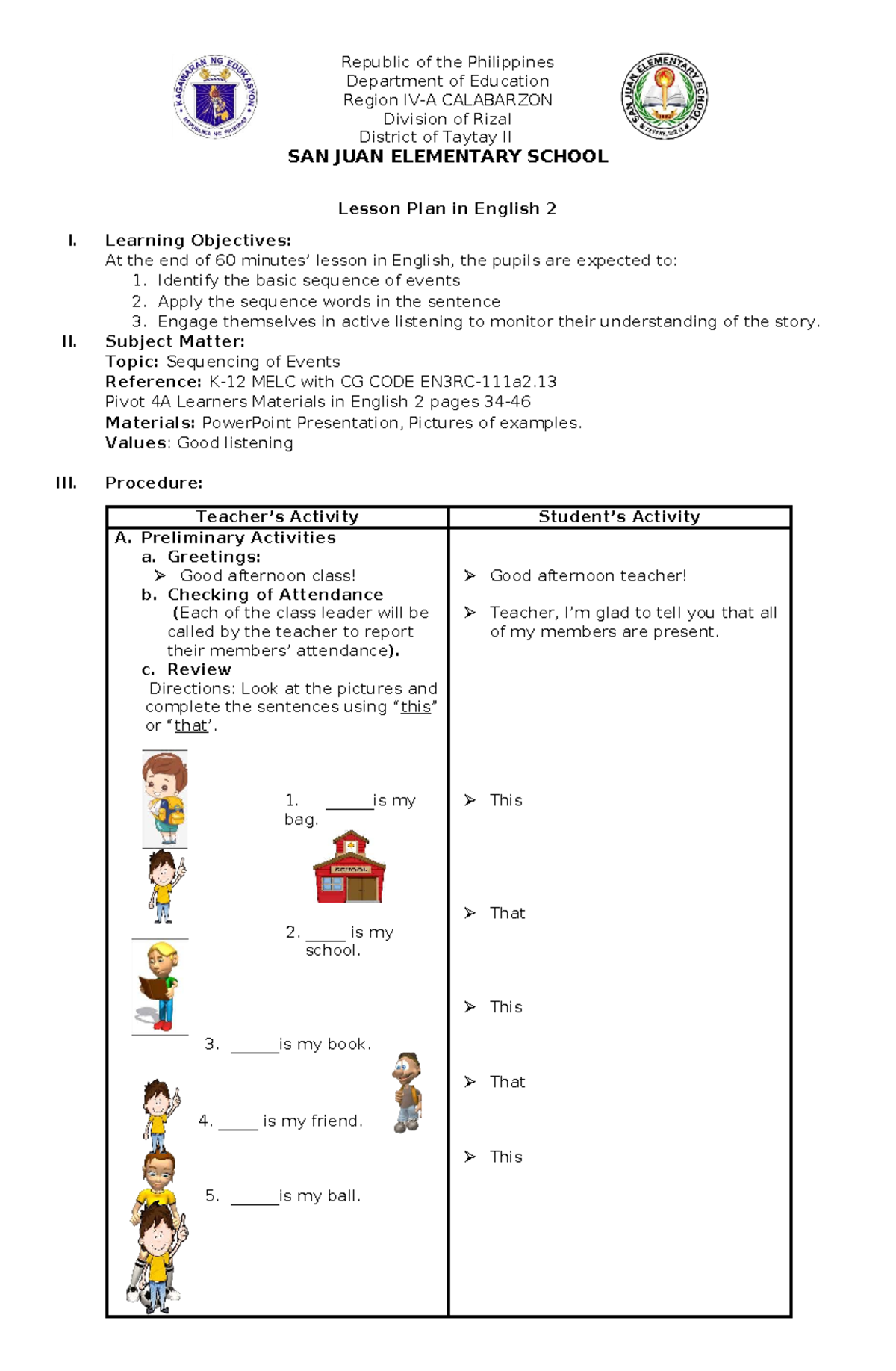 Lesson Plan in English 2: Sequencing Events for Grade 2 - Studocu