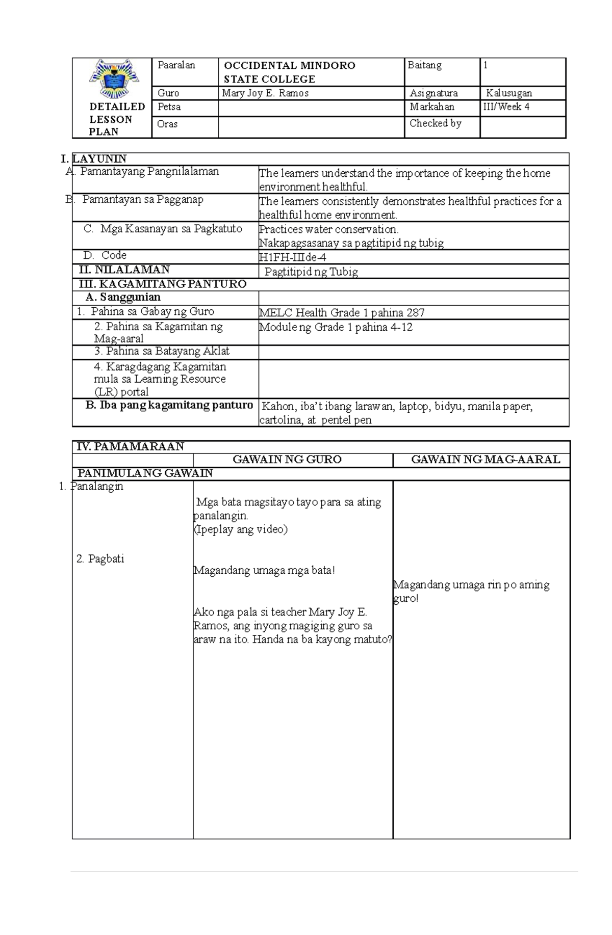 DLP H1FH-IIIde - Detalyadong Aralin sa Pagtitipid ng Tubig - Studocu